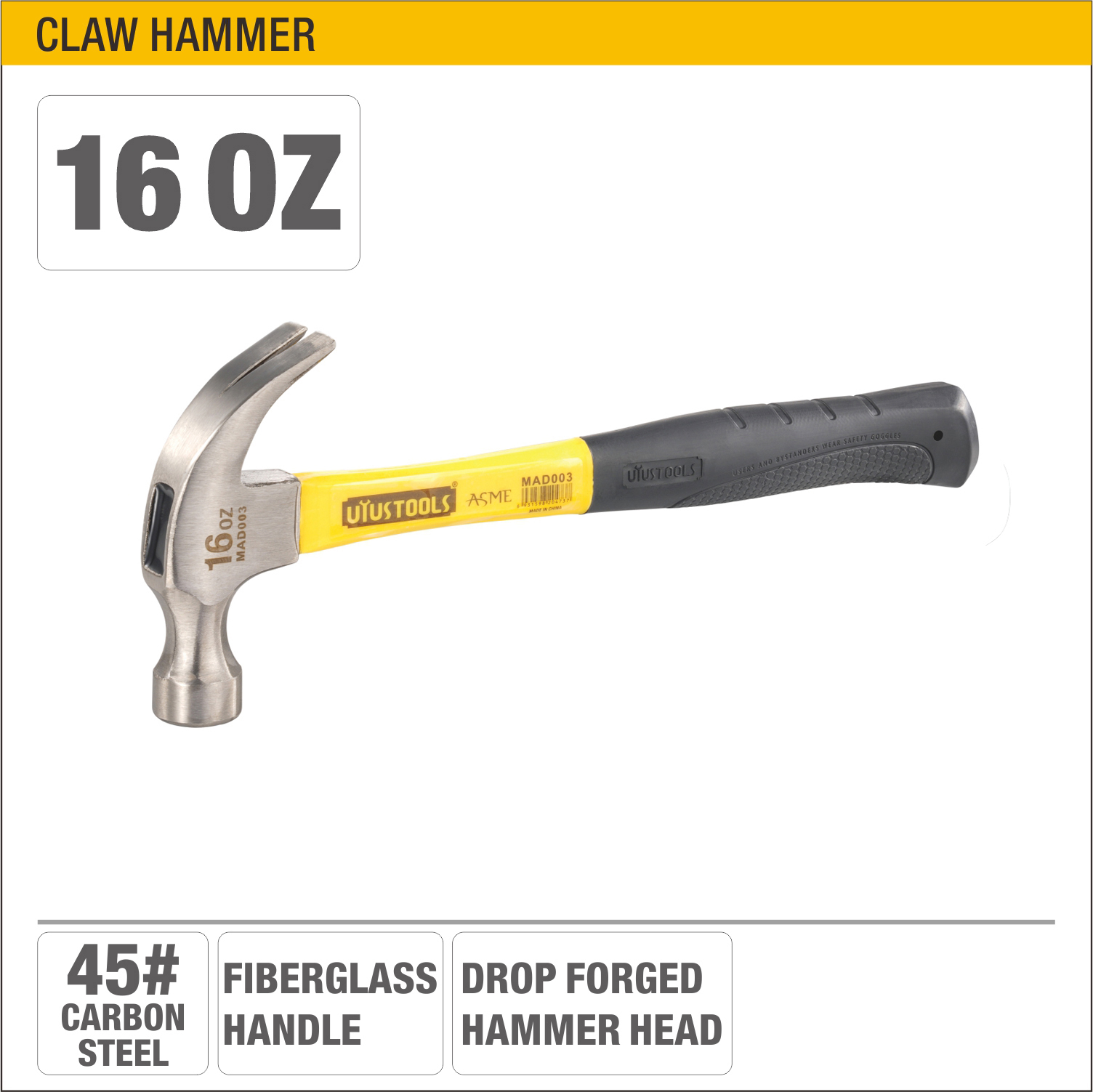 UYUSTOOLS CLAW HAMMER - FIBERGLASS HANDLE - Tychegulf
